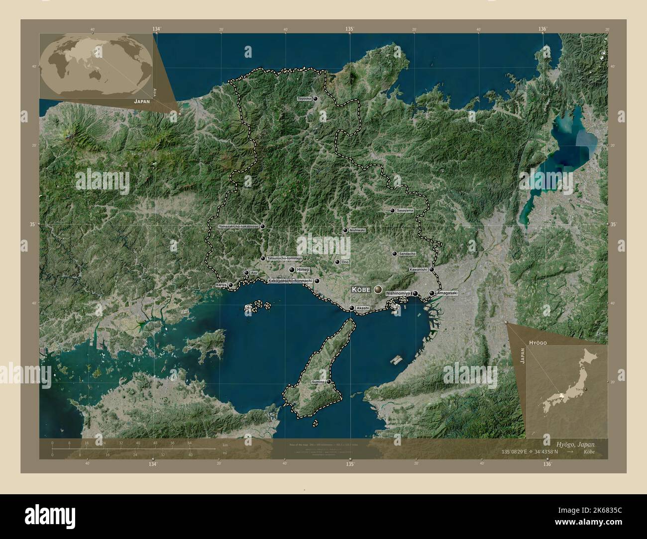 Hyogo, prefecture of Japan. High resolution satellite map. Locations ...