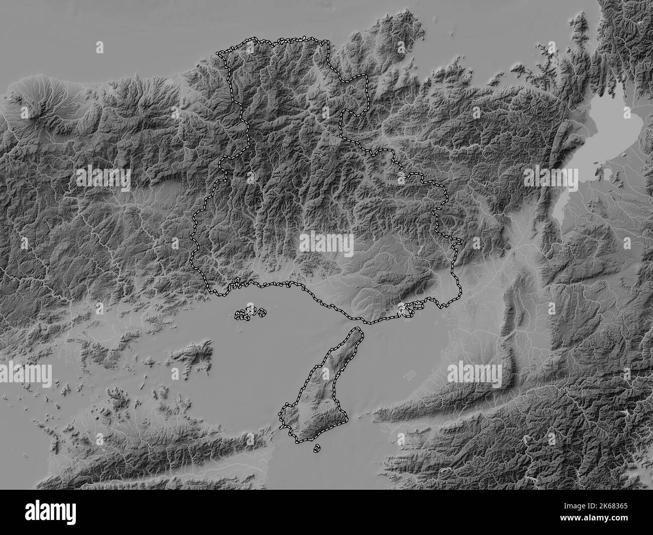 Hyogo, prefecture of Japan. Grayscale elevation map with lakes and ...