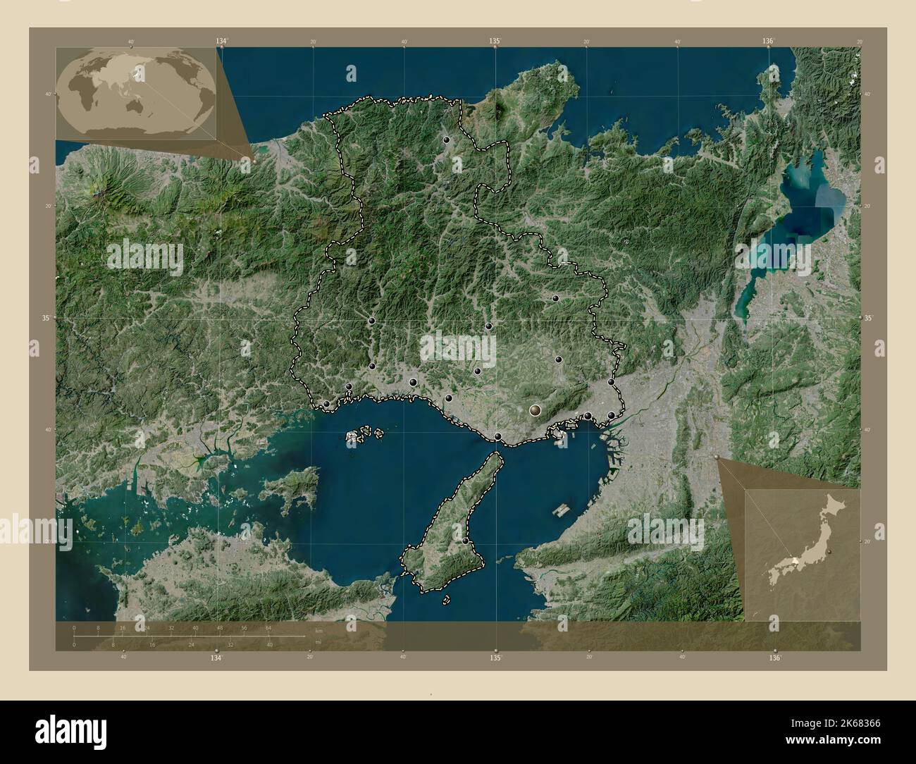 Hyogo, prefecture of Japan. High resolution satellite map. Locations of ...