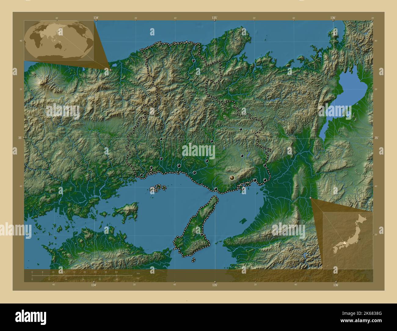 Hyogo, prefecture of Japan. Colored elevation map with lakes and rivers ...