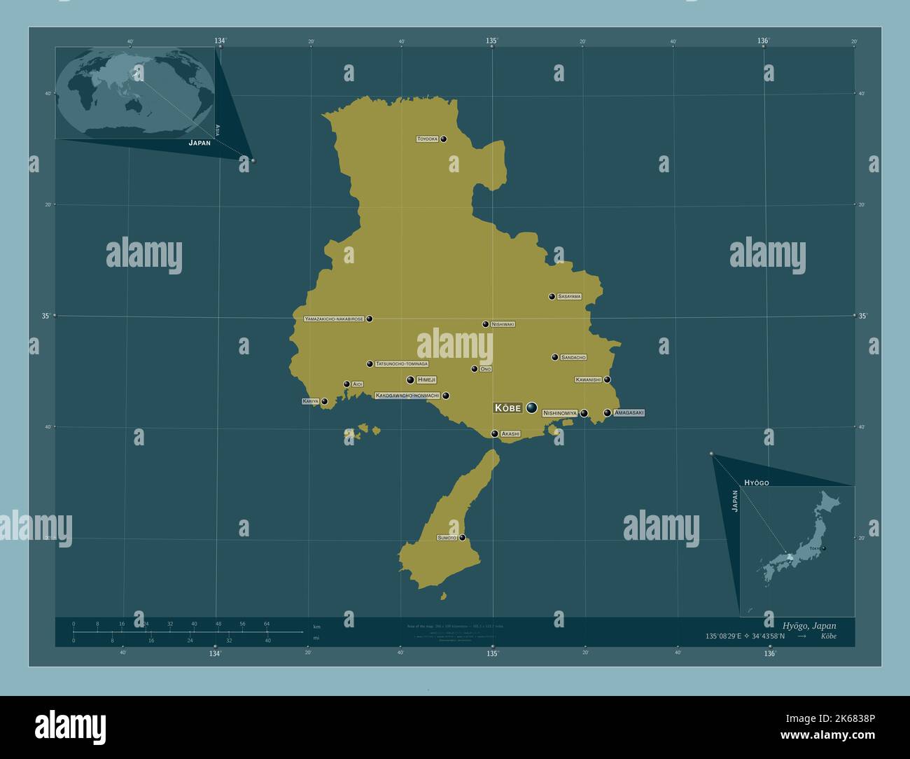 Hyogo, prefecture of Japan. Solid color shape. Locations and names of ...