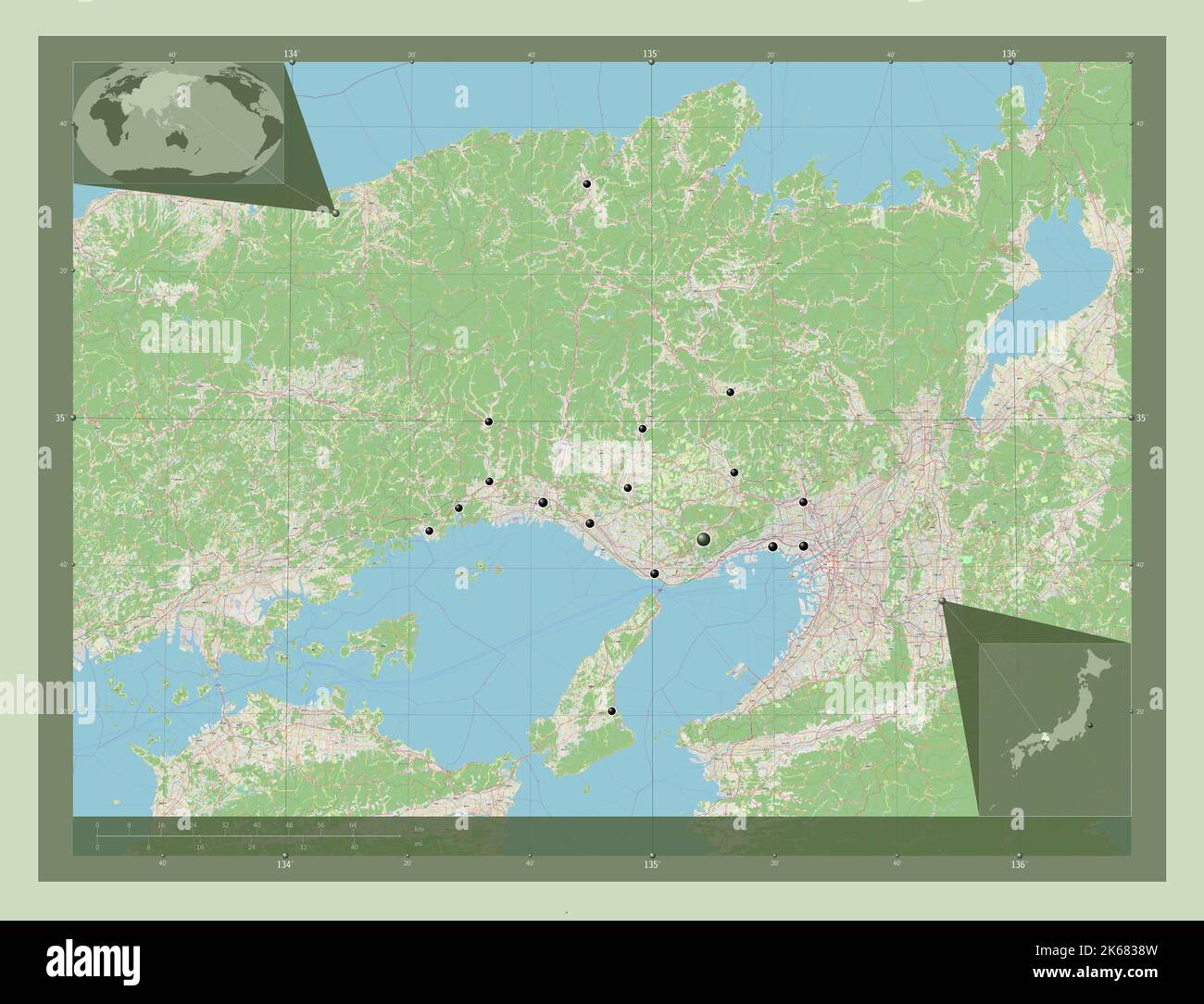 Hyogo, prefecture of Japan. Open Street Map. Locations of major cities ...