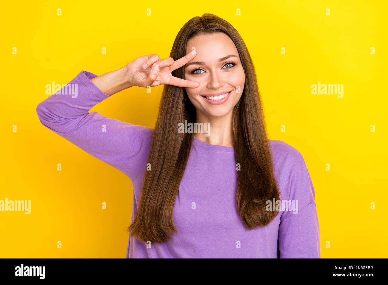 Closeup photo of cute charming good mood woman wear stylish purple ...