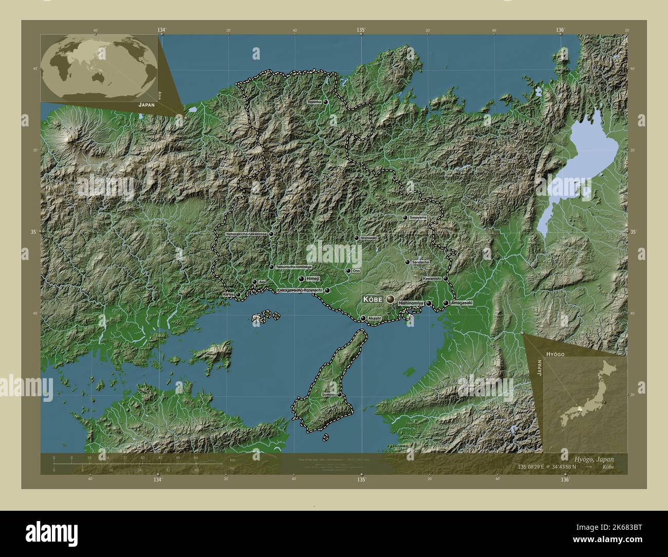 Hyogo, prefecture of Japan. Elevation map colored in wiki style with ...