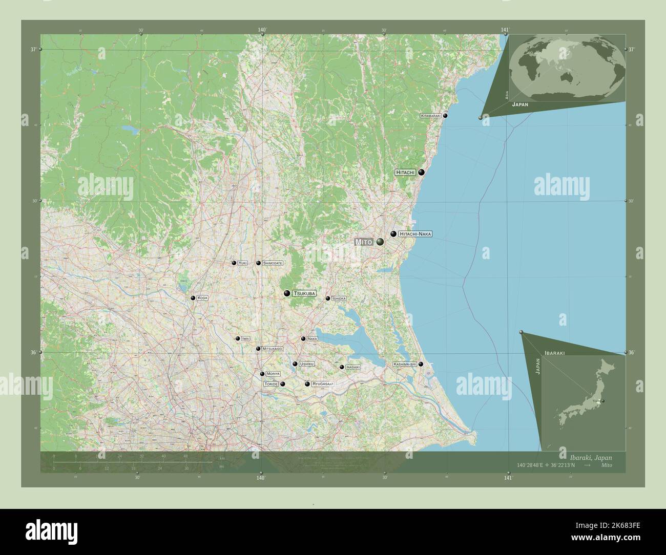 Ibaraki, prefecture of Japan. Open Street Map. Locations and names of ...