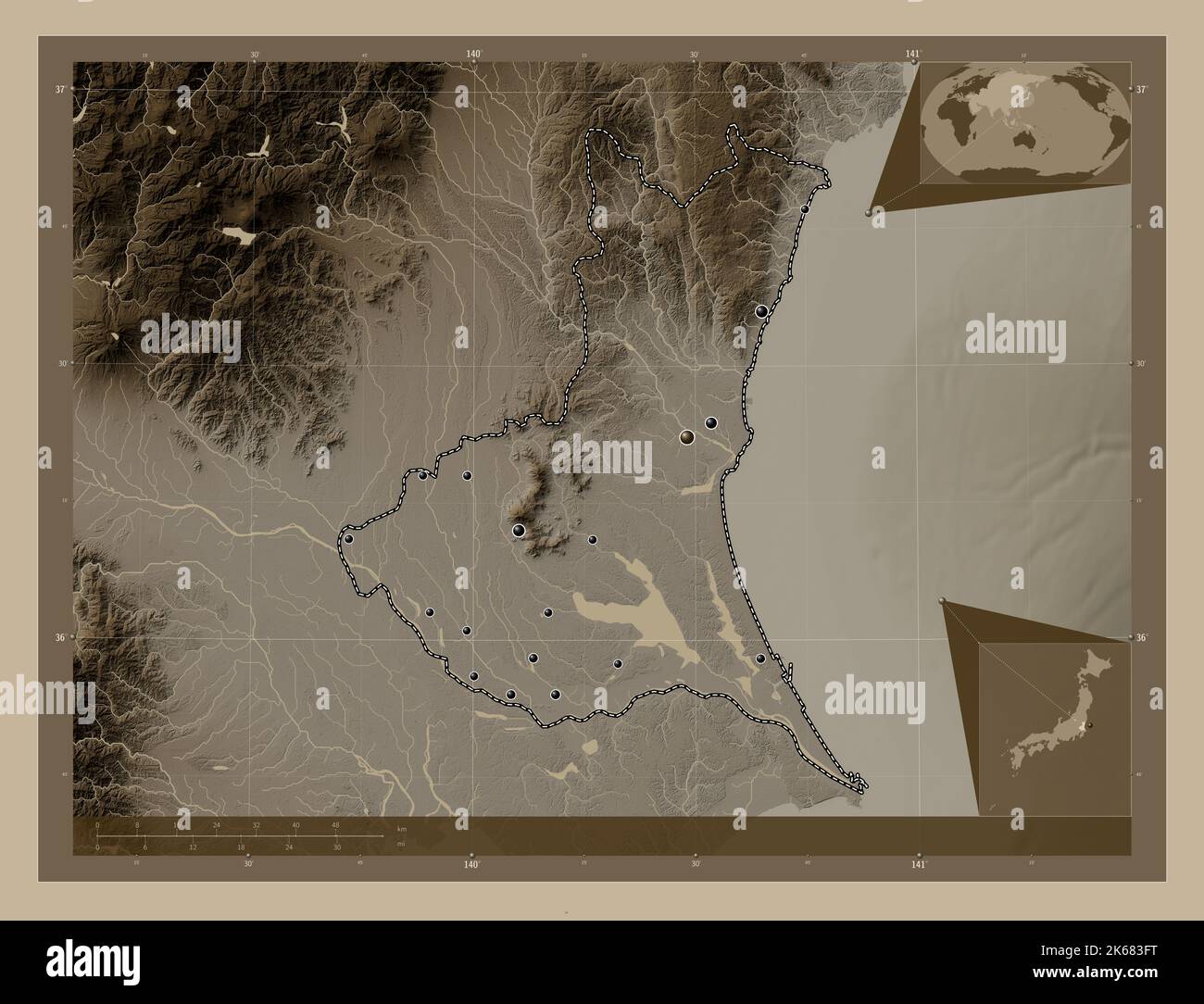 Ibaraki, prefecture of Japan. Elevation map colored in sepia tones with ...