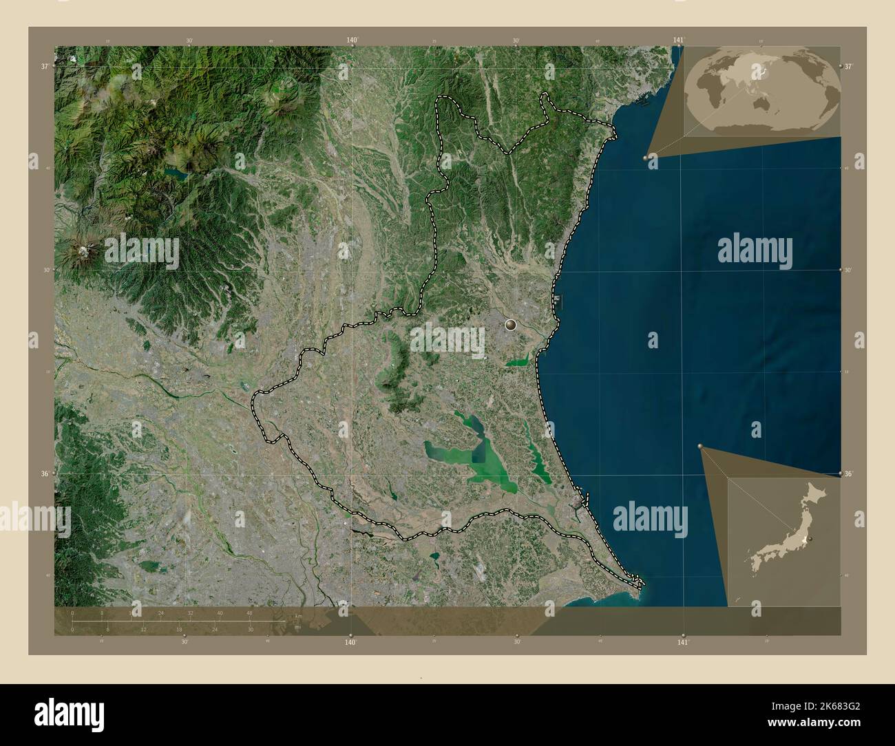 Ibaraki, prefecture of Japan. High resolution satellite map. Corner ...