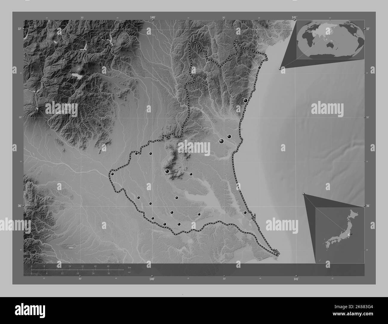 Ibaraki, prefecture of Japan. Grayscale elevation map with lakes and ...
