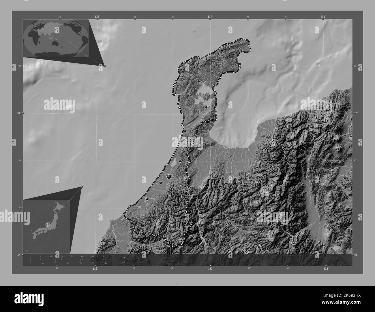 Ishikawa, prefecture of Japan. Bilevel elevation map with lakes and ...