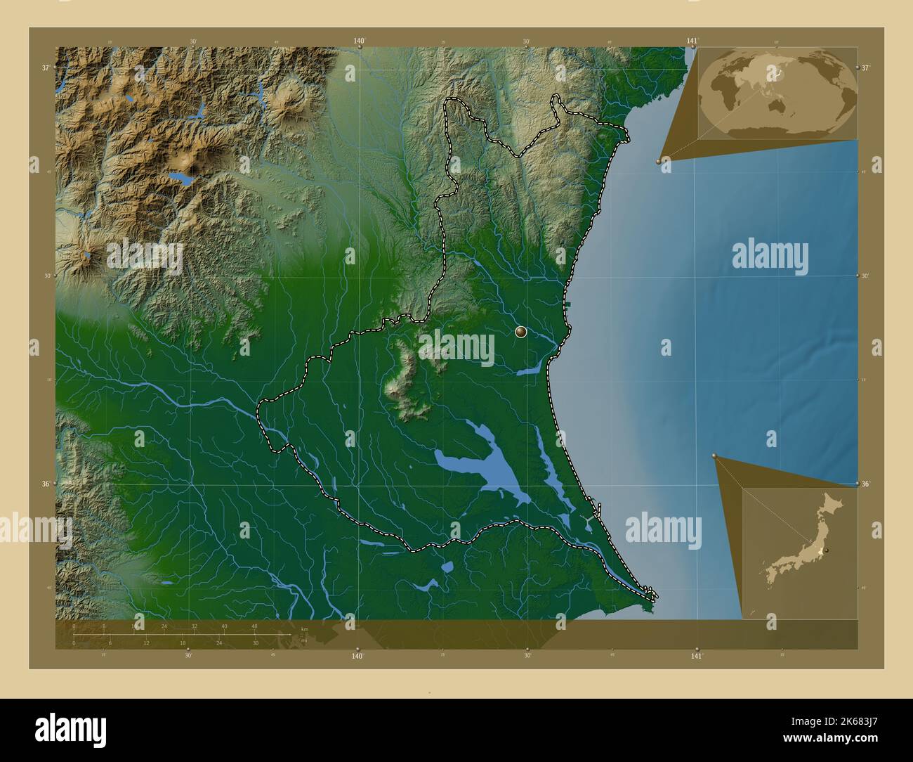 Ibaraki, prefecture of Japan. Colored elevation map with lakes and ...
