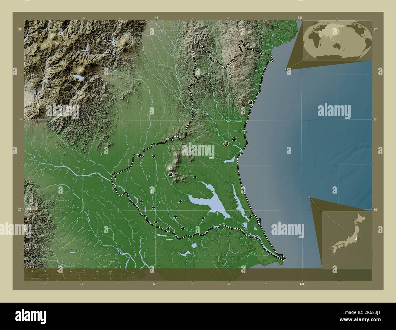 Ibaraki, prefecture of Japan. Elevation map colored in wiki style with ...