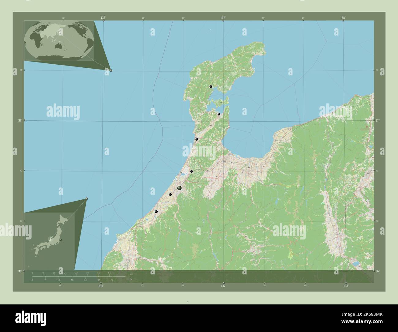 Ishikawa, prefecture of Japan. Open Street Map. Locations of major ...