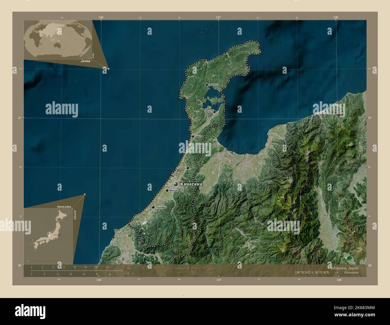 Ishikawa, prefecture of Japan. High resolution satellite map. Locations ...