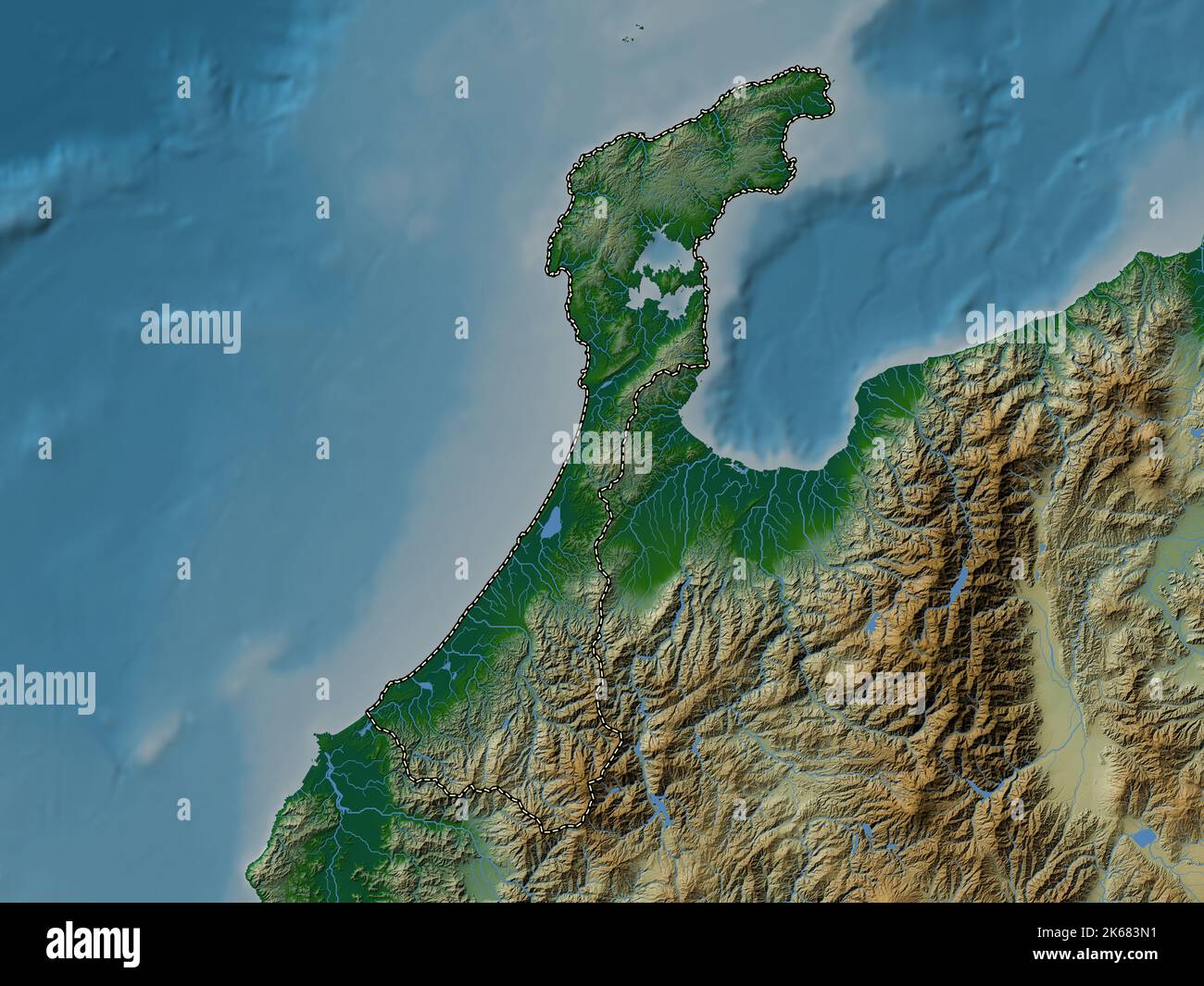 Ishikawa, prefecture of Japan. Colored elevation map with lakes and ...