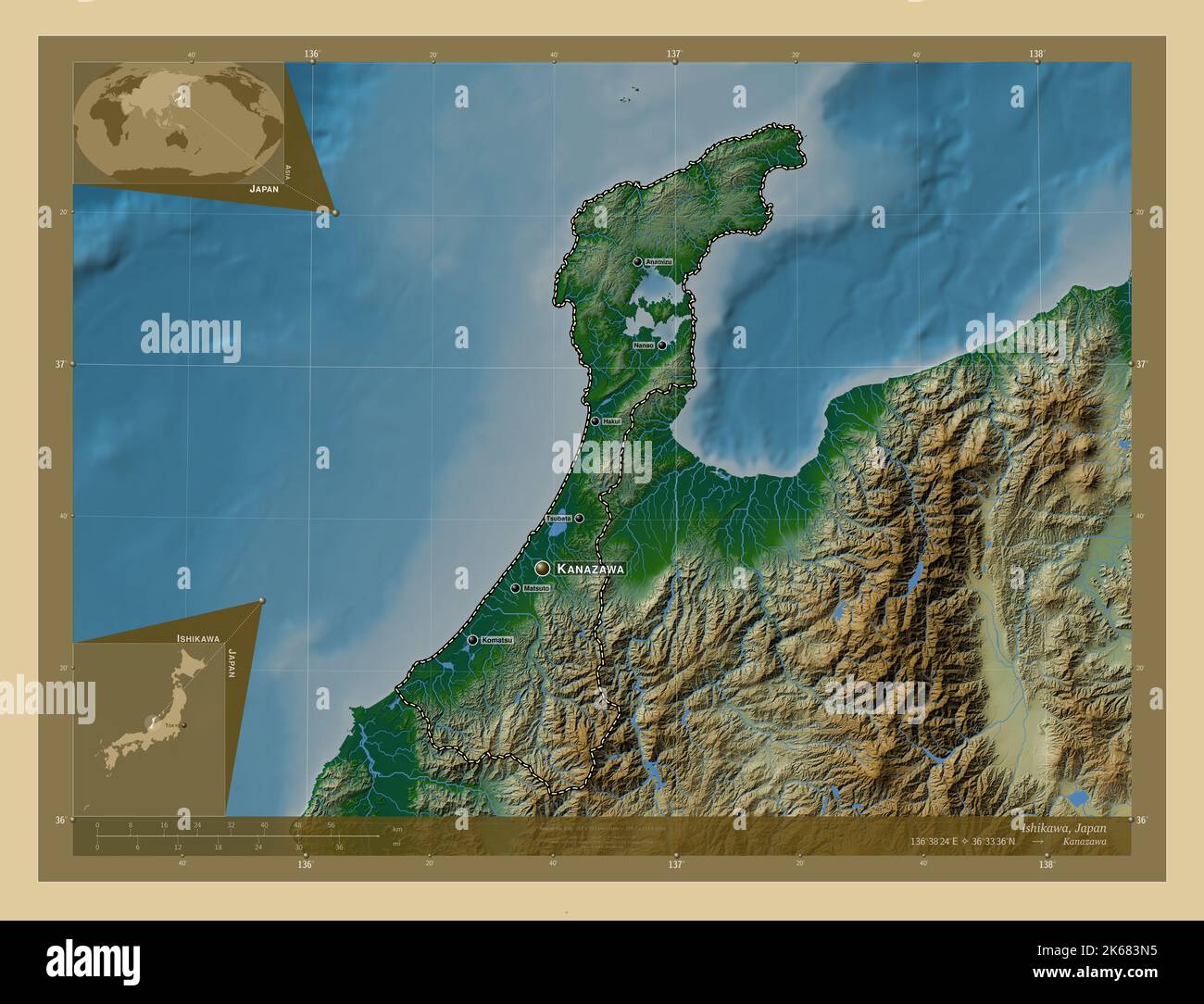 Ishikawa, prefecture of Japan. Colored elevation map with lakes and ...