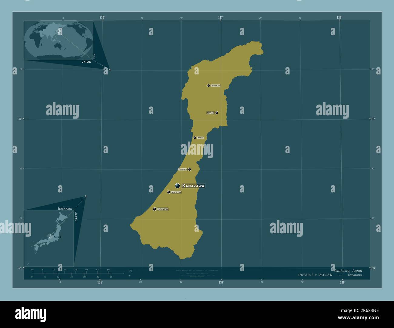 Ishikawa, prefecture of Japan. Solid color shape. Locations and names ...