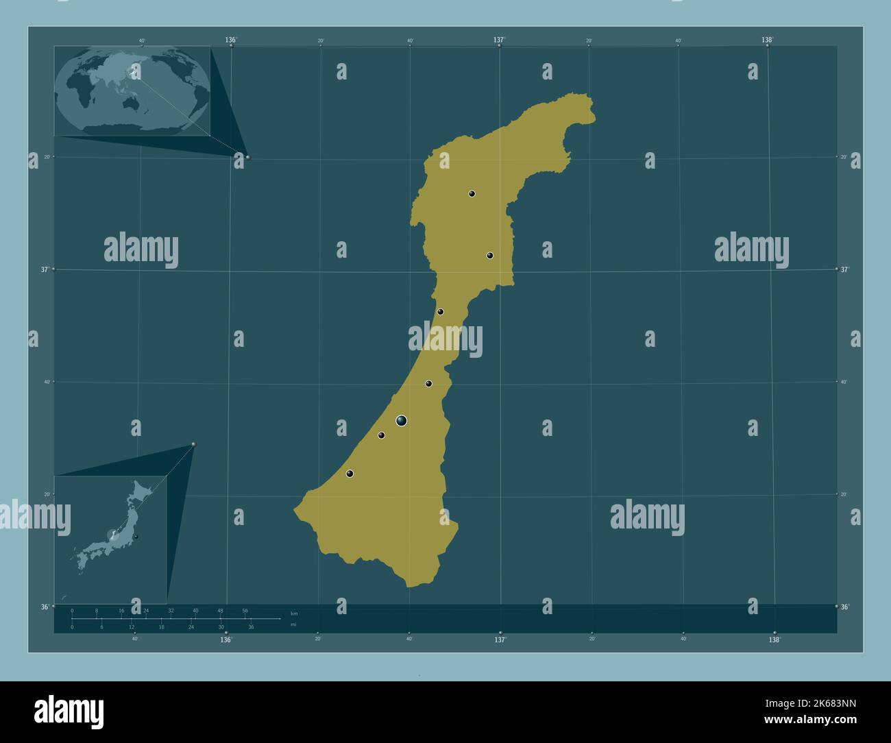Ishikawa, prefecture of Japan. Solid color shape. Locations of major ...