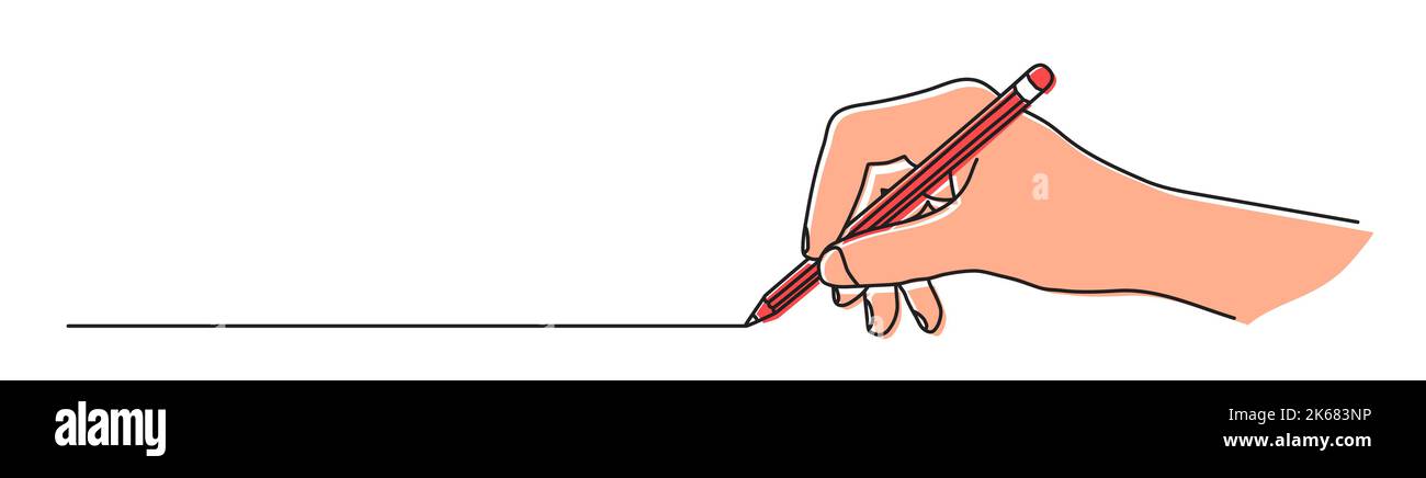 Hand holding a pencil and drawing a line. Hand drawn with thin line ...
