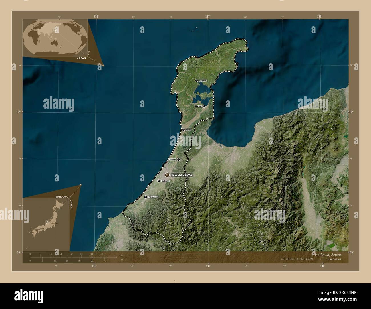 Ishikawa, prefecture of Japan. Low resolution satellite map. Locations ...