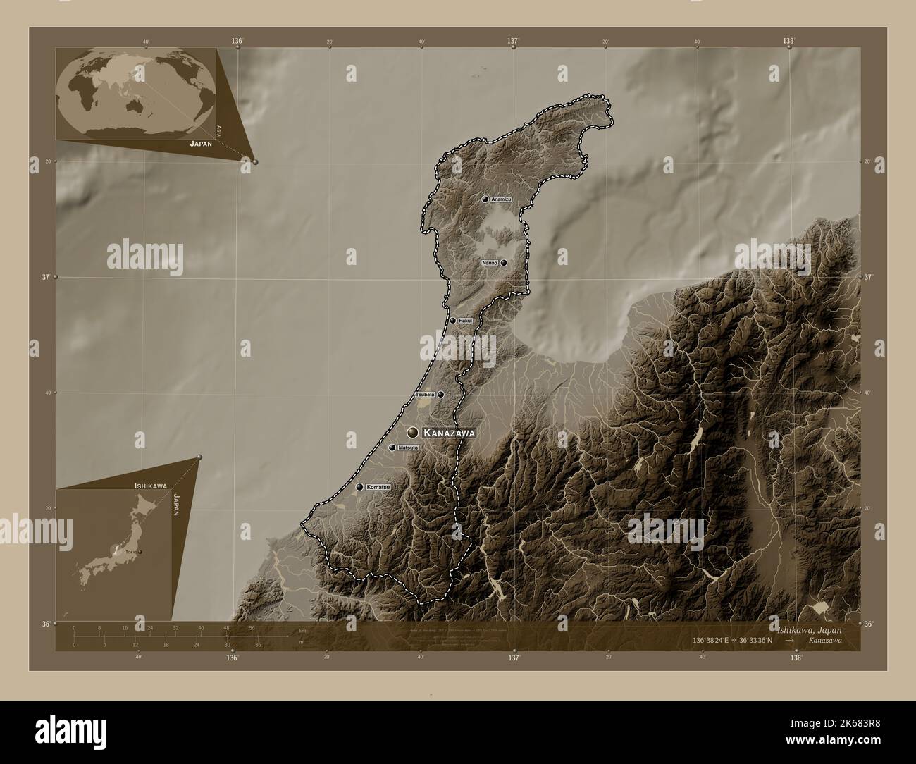 Ishikawa, prefecture of Japan. Elevation map colored in sepia tones ...
