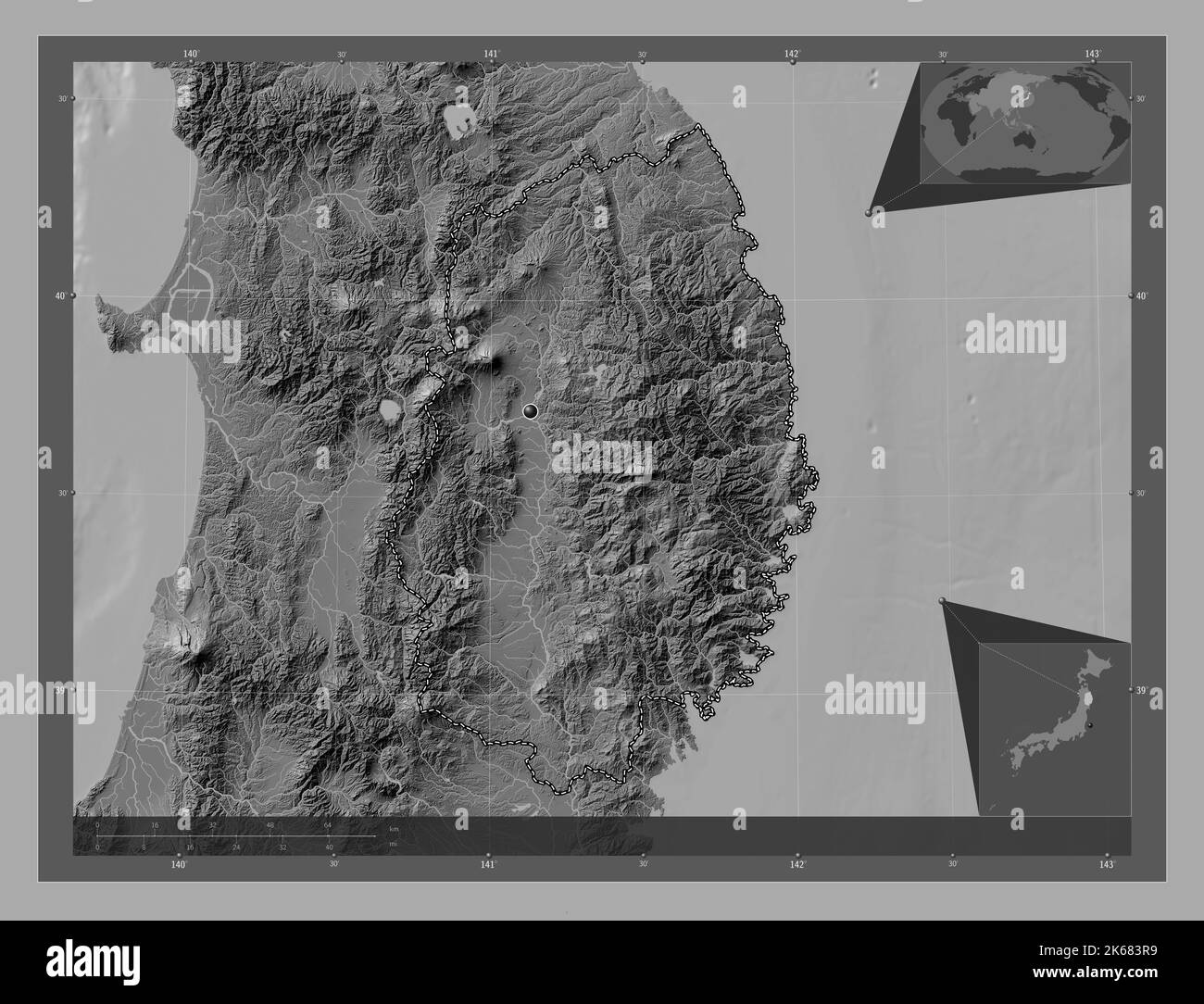 Iwate, prefecture of Japan. Bilevel elevation map with lakes and rivers ...