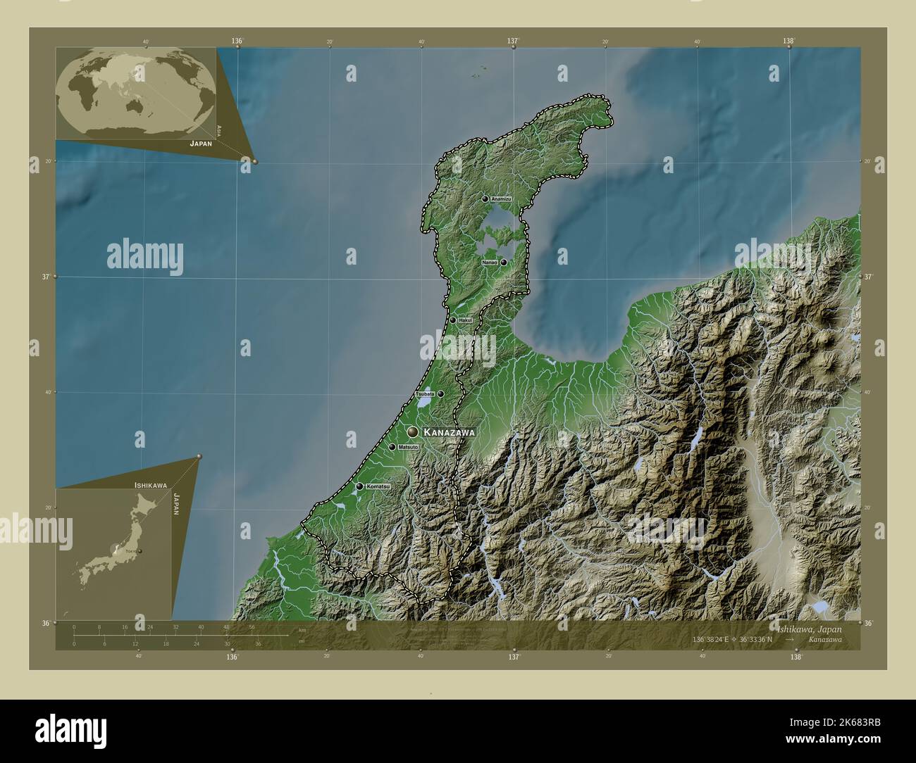 Ishikawa, prefecture of Japan. Elevation map colored in wiki style with ...