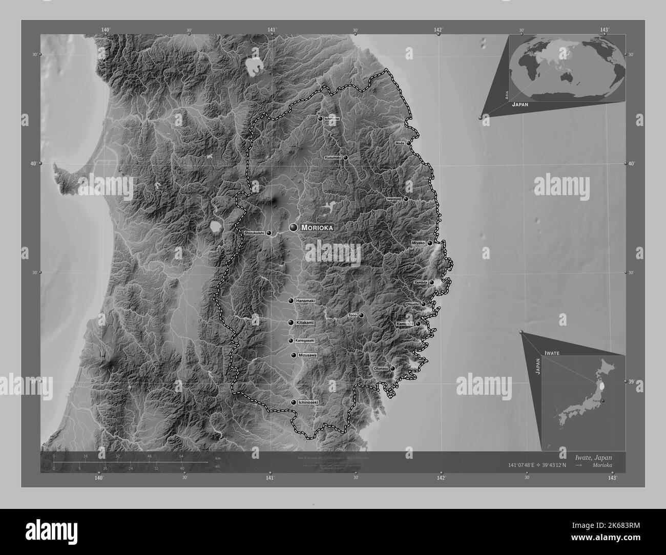 Iwate, prefecture of Japan. Grayscale elevation map with lakes and ...