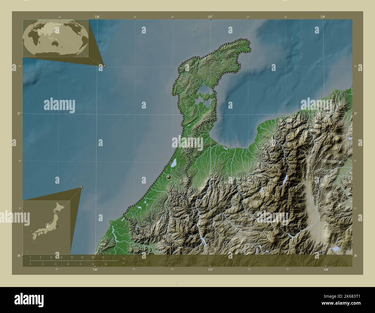 Ishikawa, prefecture of Japan. Elevation map colored in wiki style with ...