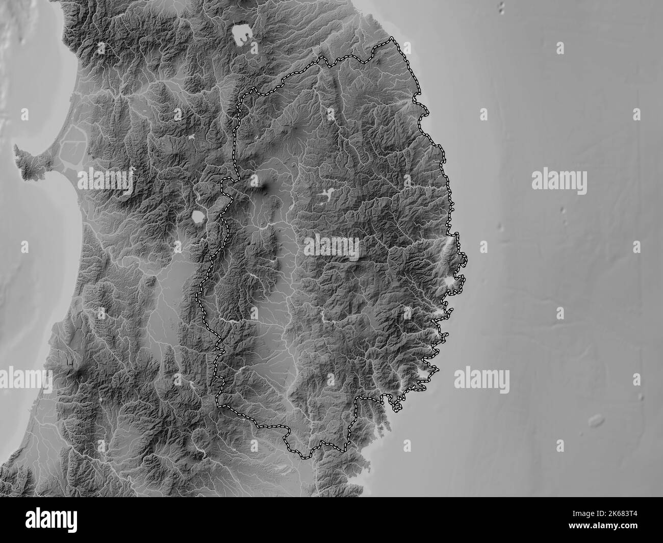 Iwate, prefecture of Japan. Grayscale elevation map with lakes and ...