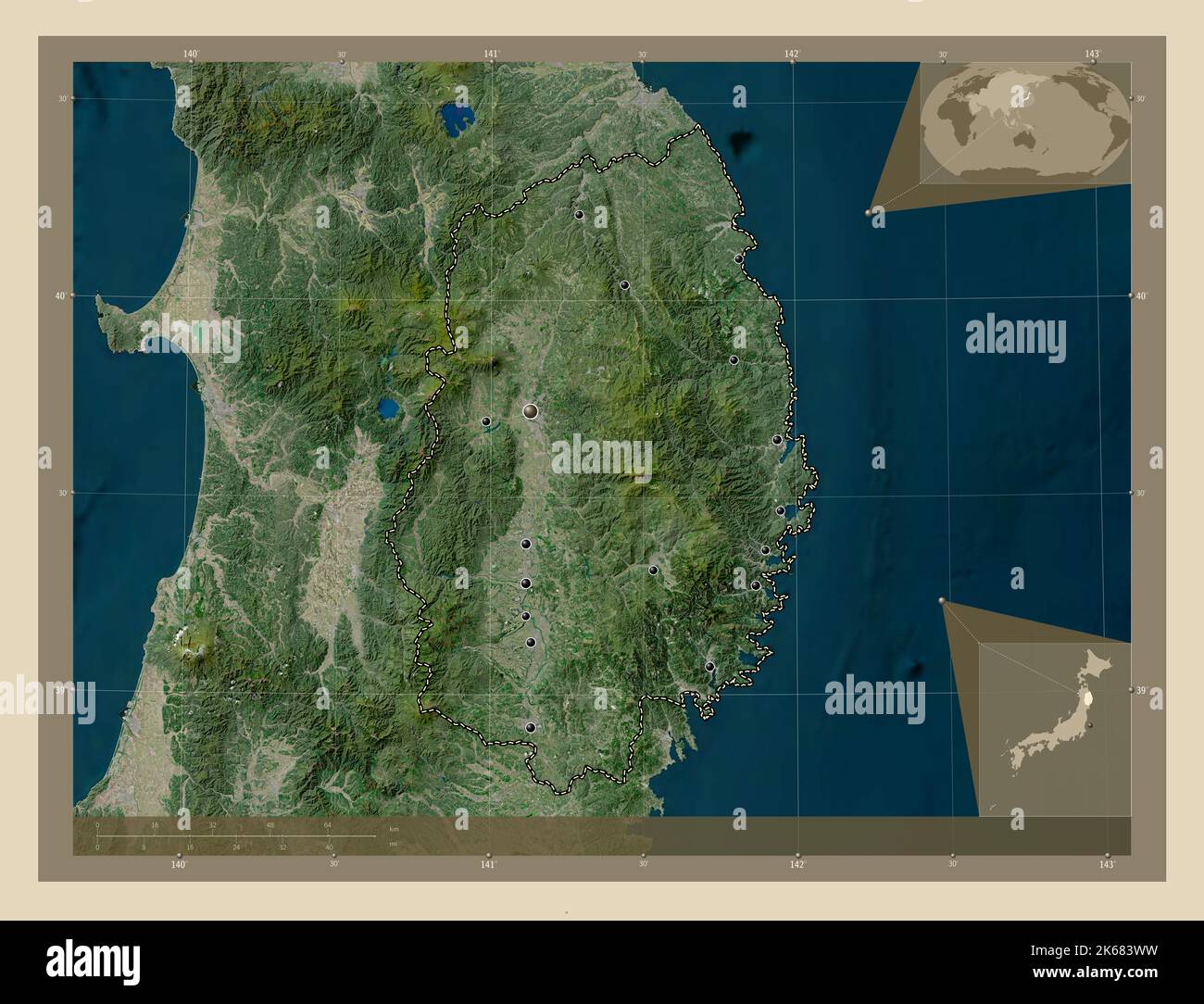 Iwate, prefecture of Japan. High resolution satellite map. Locations of ...