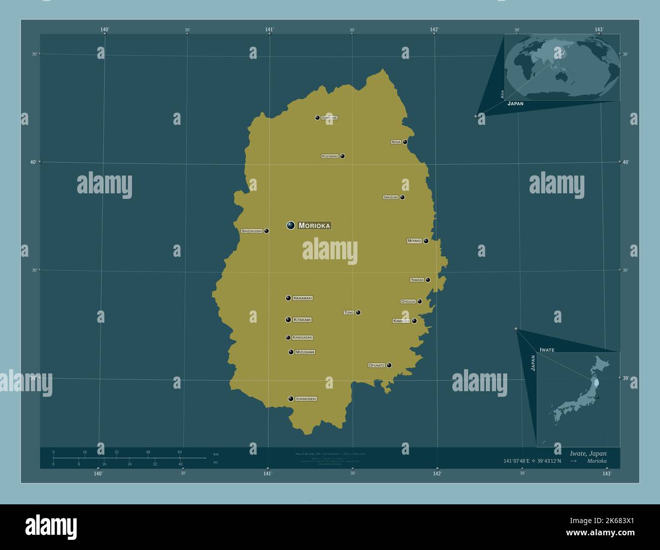 Iwate, prefecture of Japan. Solid color shape. Locations and names of ...