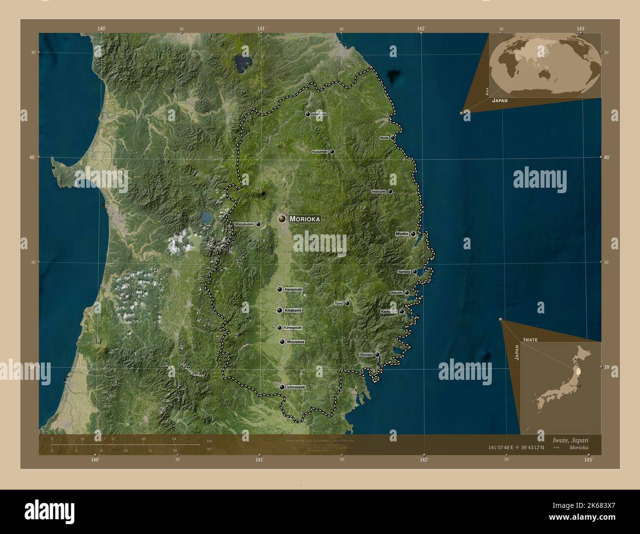 Iwate, prefecture of Japan. Low resolution satellite map. Locations and ...