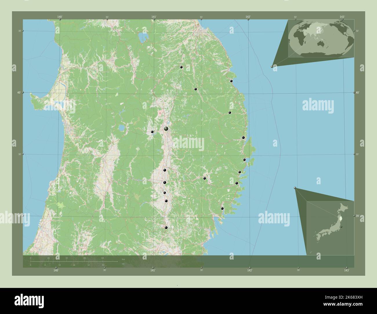 Iwate, prefecture of Japan. Open Street Map. Locations of major cities ...