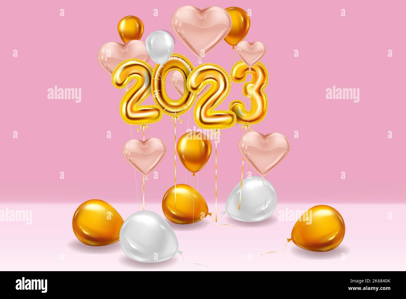 Pink heart balloons Happy New Year 2023, Golden foil numerals, white ...