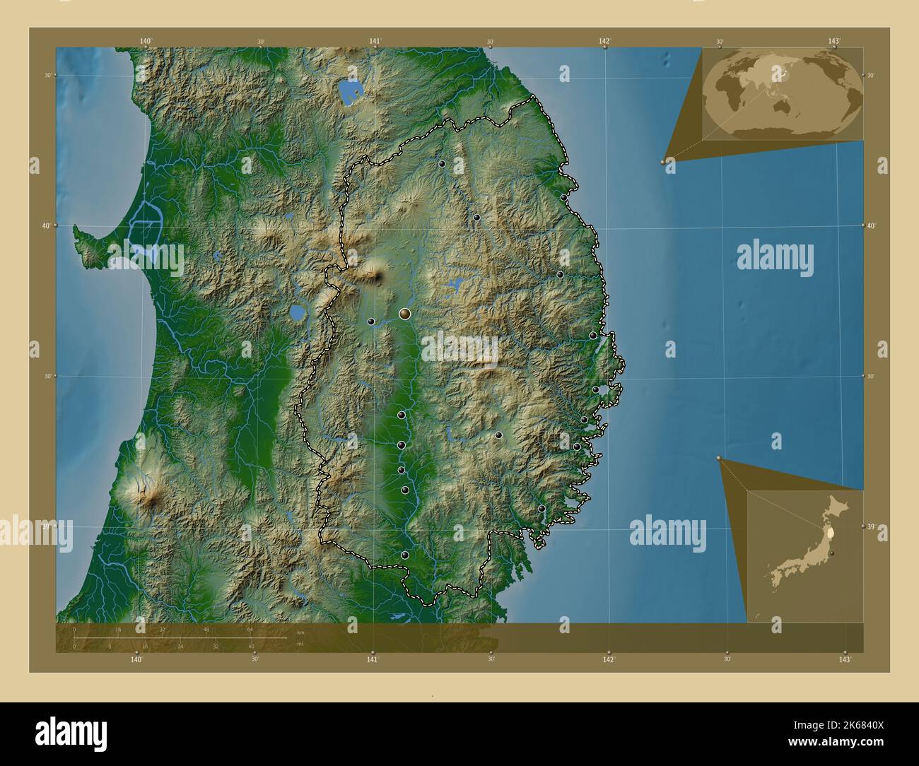 Iwate, prefecture of Japan. Colored elevation map with lakes and rivers ...