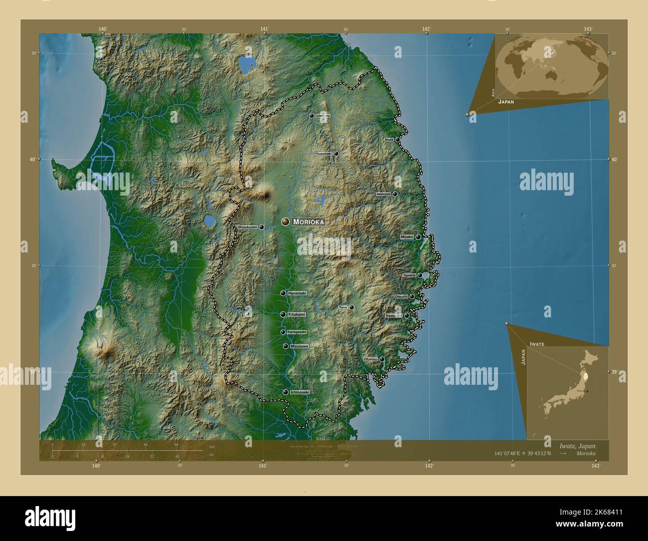 Iwate, prefecture of Japan. Colored elevation map with lakes and rivers ...