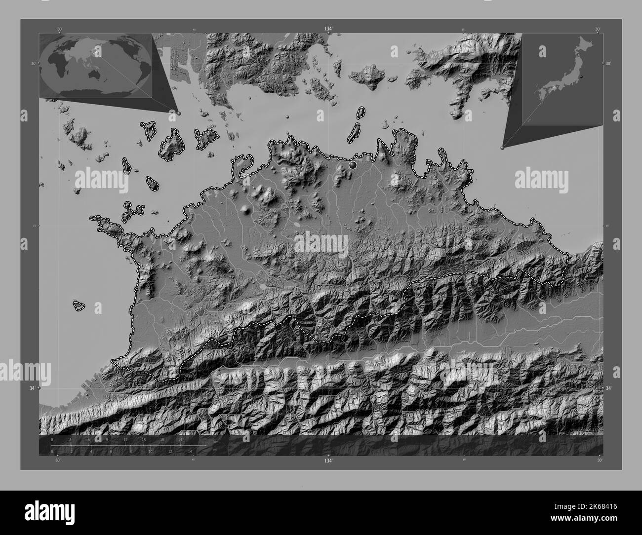 Kagawa, prefecture of Japan. Bilevel elevation map with lakes and ...