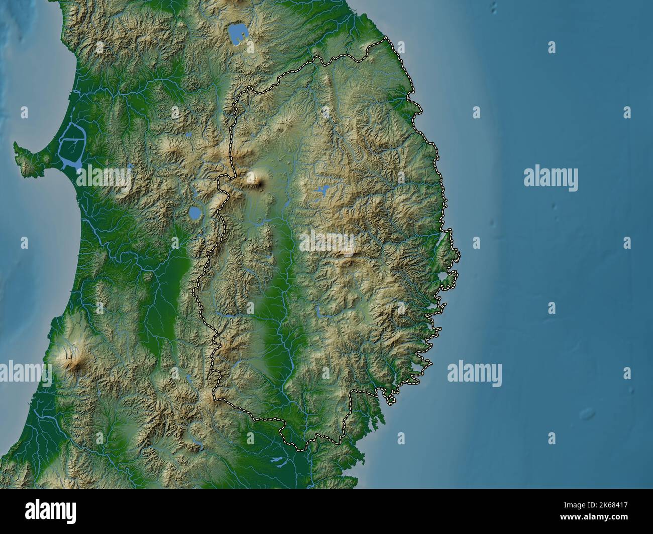 Iwate, prefecture of Japan. Colored elevation map with lakes and rivers ...