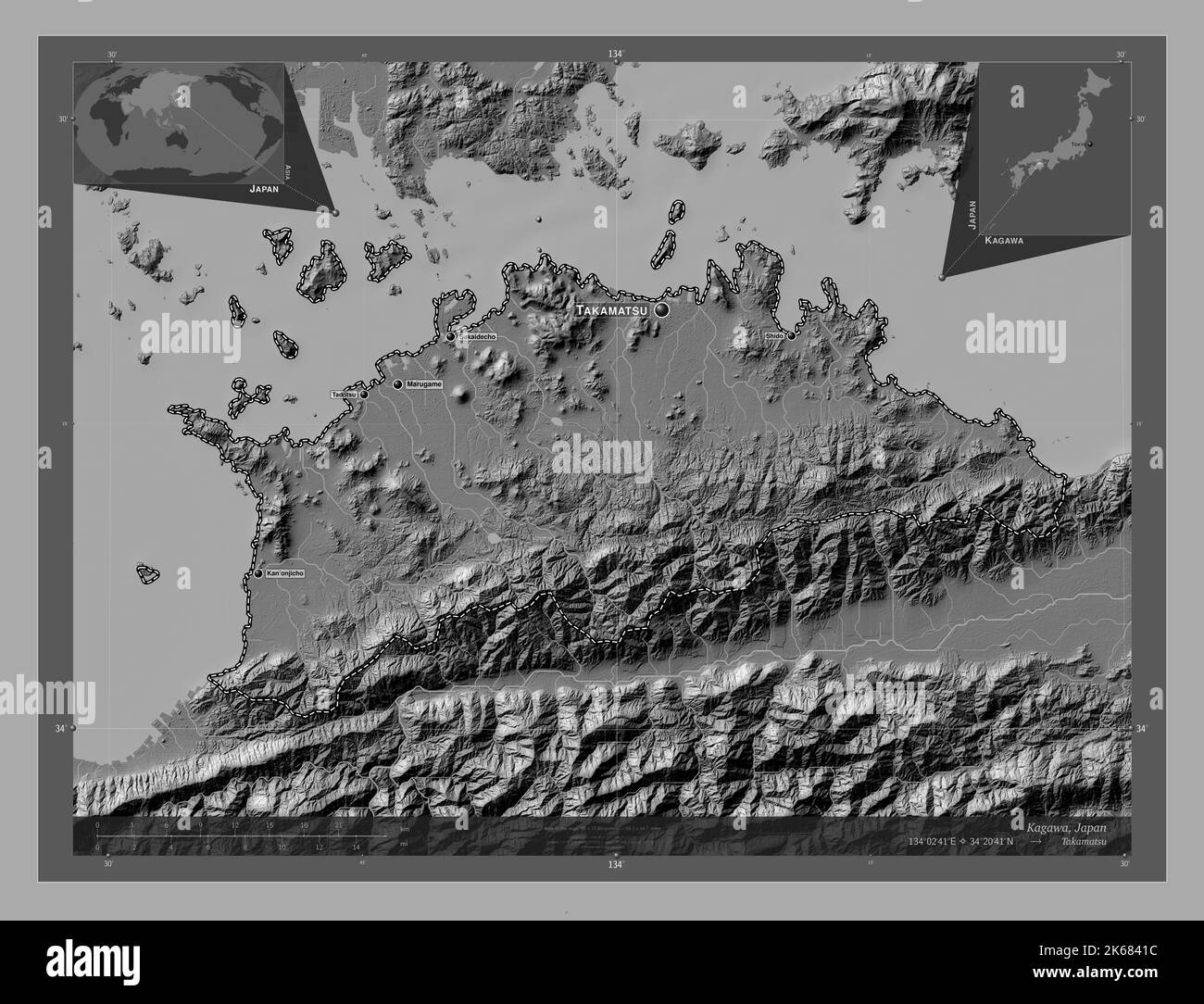 Kagawa, prefecture of Japan. Bilevel elevation map with lakes and ...