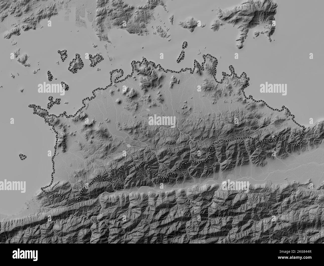 Kagawa, prefecture of Japan. Grayscale elevation map with lakes and ...