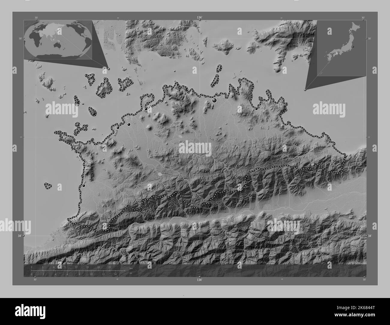 Kagawa, prefecture of Japan. Grayscale elevation map with lakes and ...