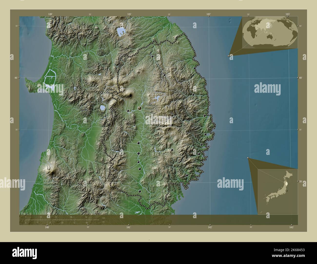 Iwate, prefecture of Japan. Elevation map colored in wiki style with ...