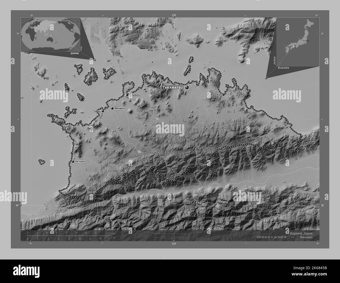 Kagawa, prefecture of Japan. Grayscale elevation map with lakes and ...