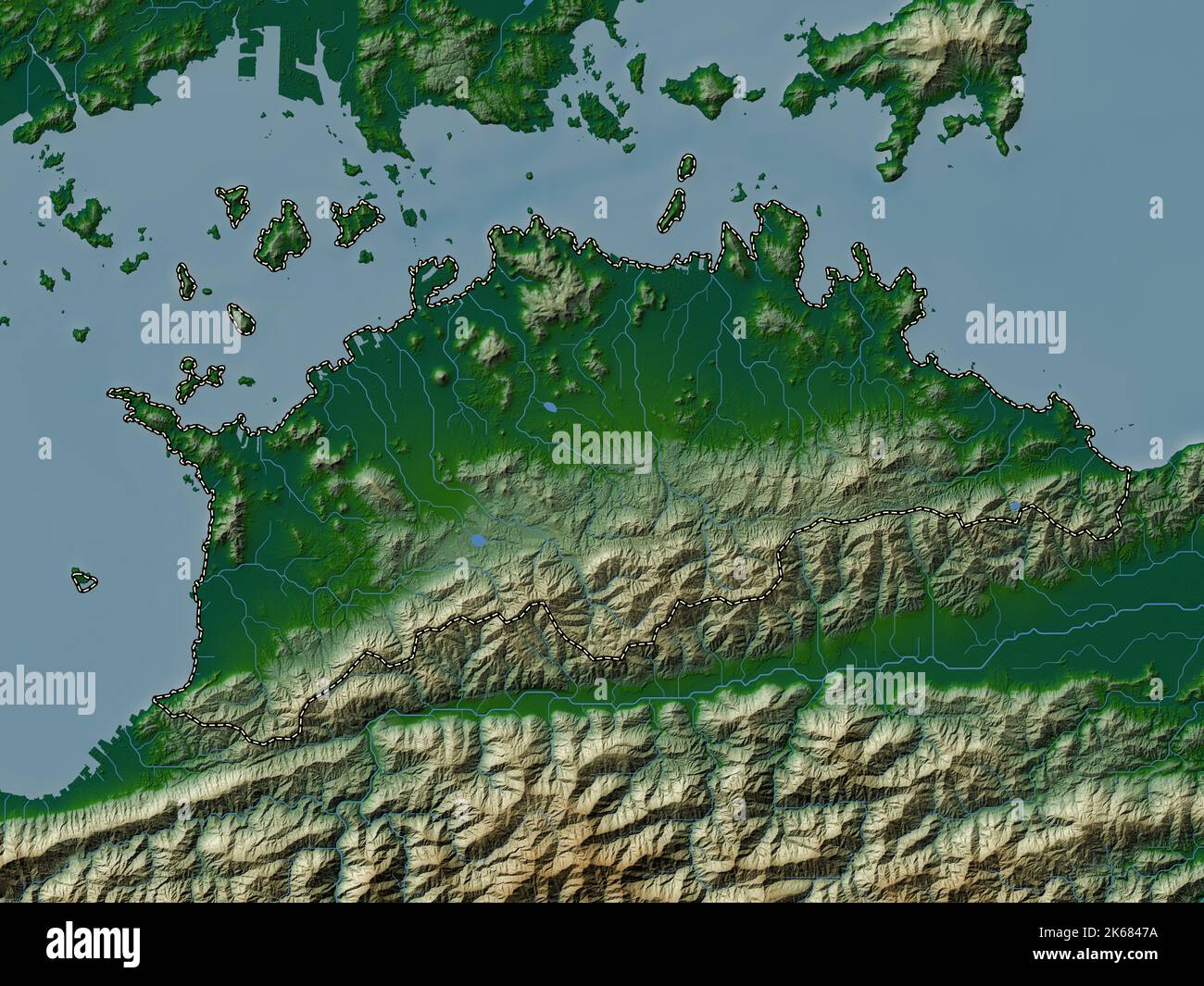 Kagawa, prefecture of Japan. Colored elevation map with lakes and ...
