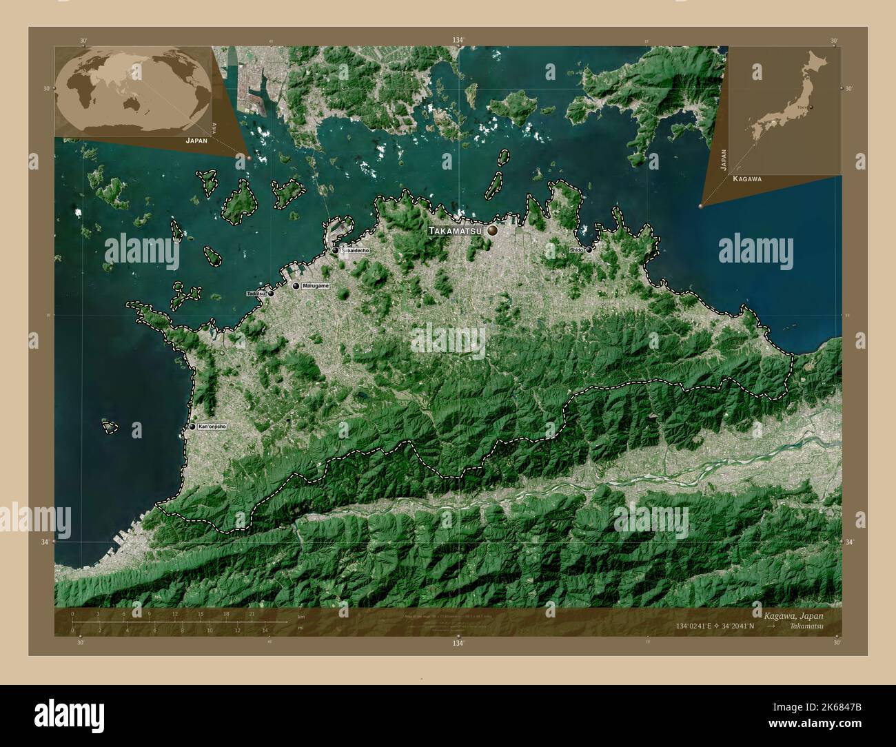 Kagawa, prefecture of Japan. Low resolution satellite map. Locations ...