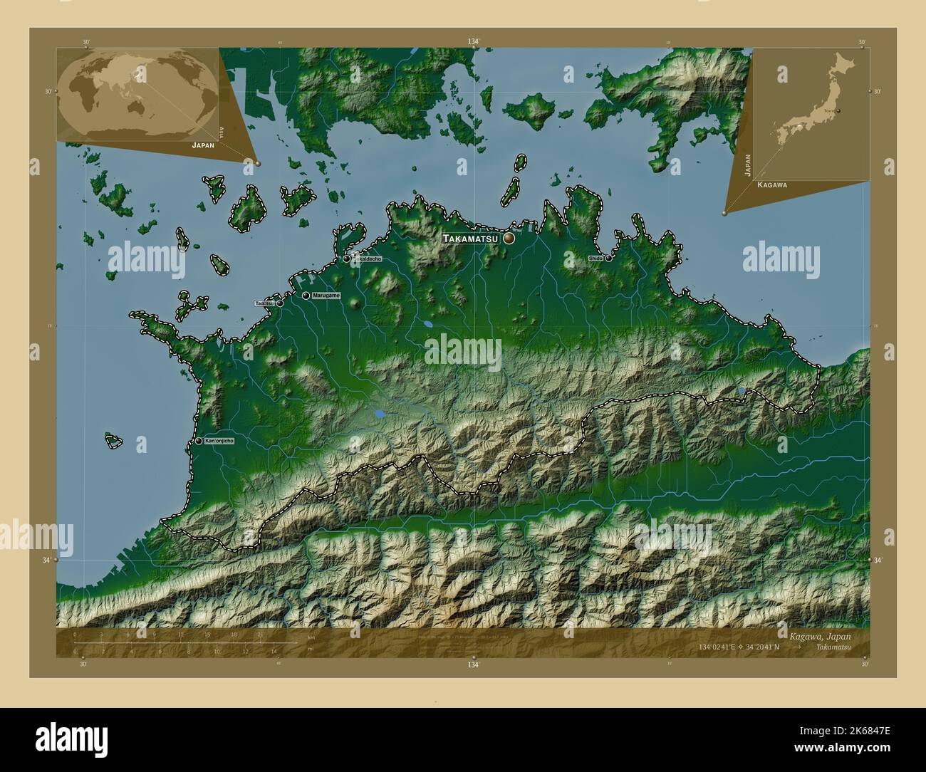 Kagawa, prefecture of Japan. Colored elevation map with lakes and ...