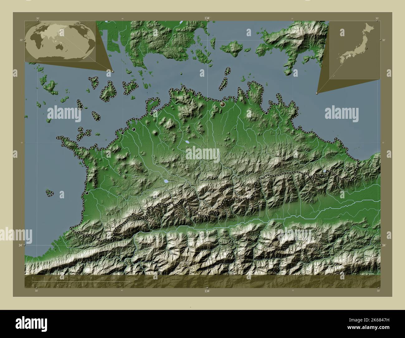 Kagawa, prefecture of Japan. Elevation map colored in wiki style with ...