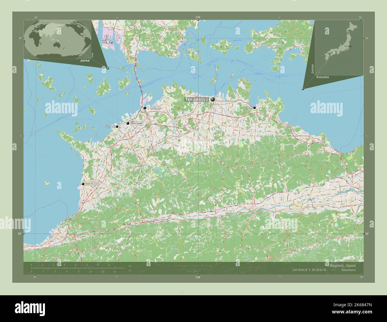 Kagawa, prefecture of Japan. Open Street Map. Locations and names of ...