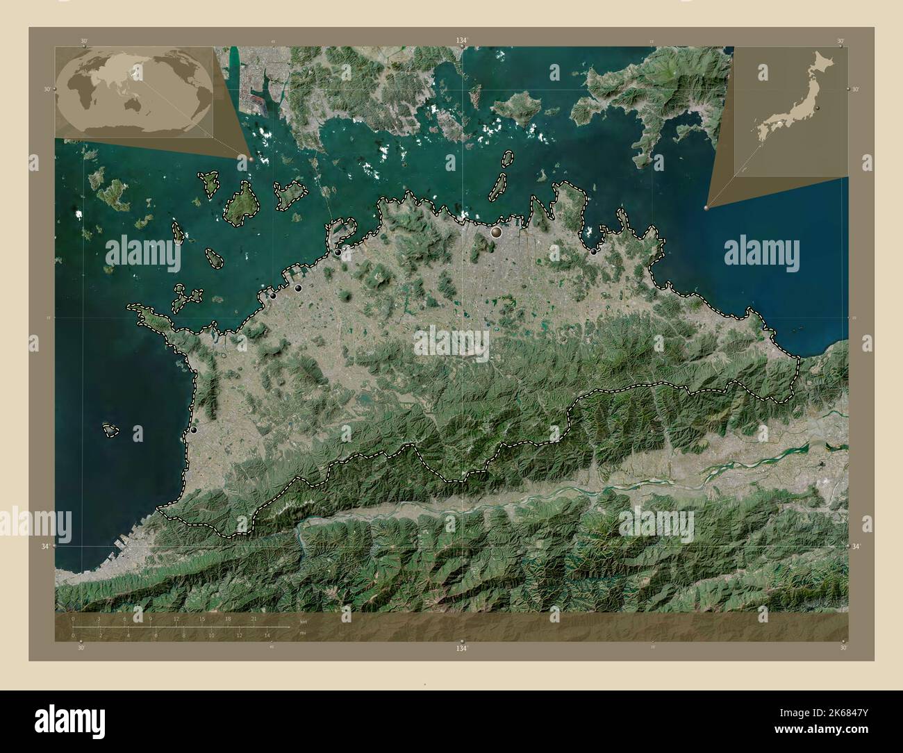 Kagawa, prefecture of Japan. High resolution satellite map. Locations ...