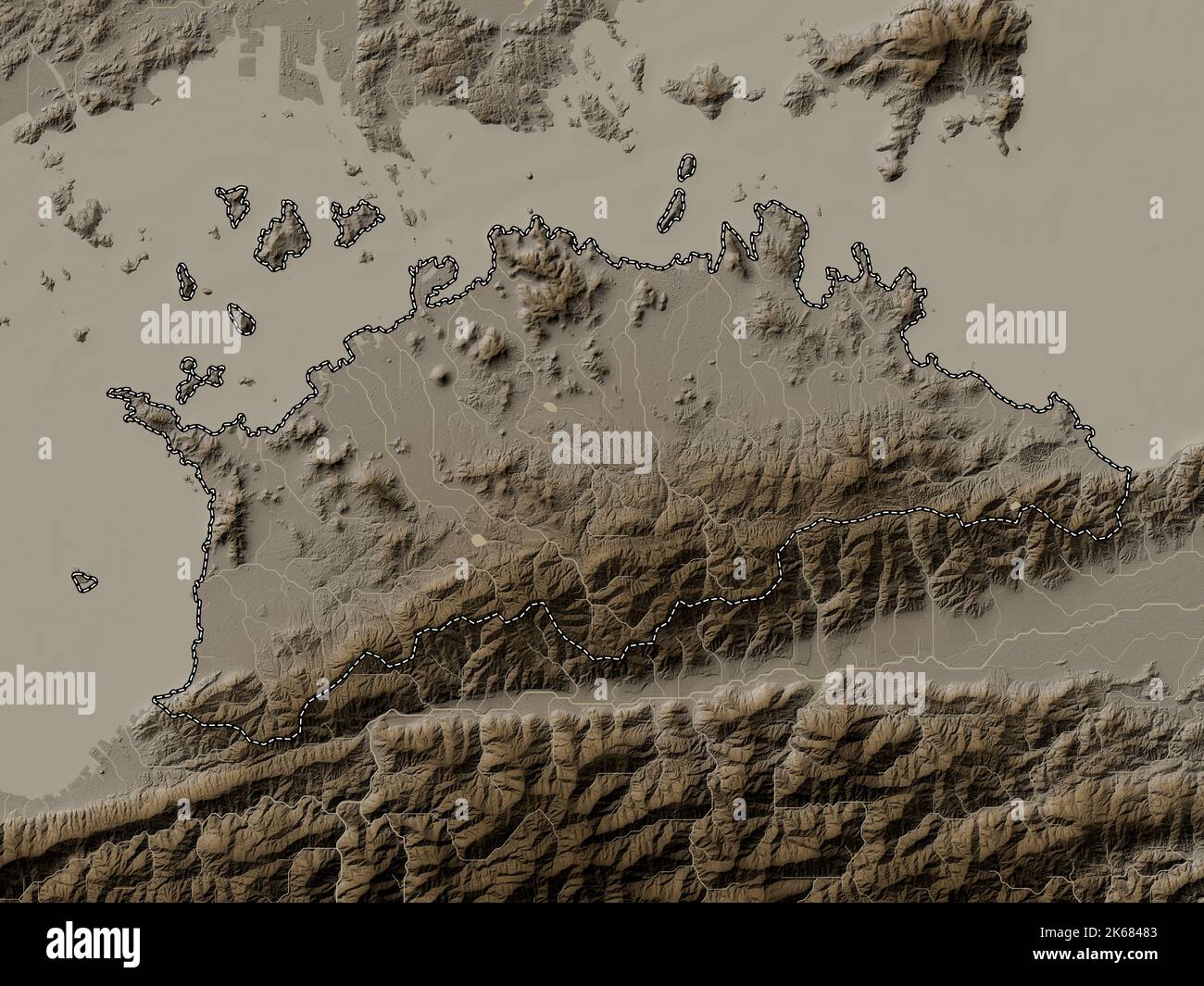 Kagawa, prefecture of Japan. Elevation map colored in sepia tones with ...